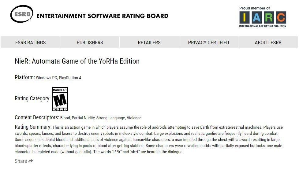 《尼尔：机械纪元》新版本现身评级网站 将登陆PS4/PC平台 NGA玩家社区