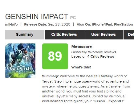 [破事氵] metacritic(MTC)原神分数出了媒体分89 NGA玩家社区