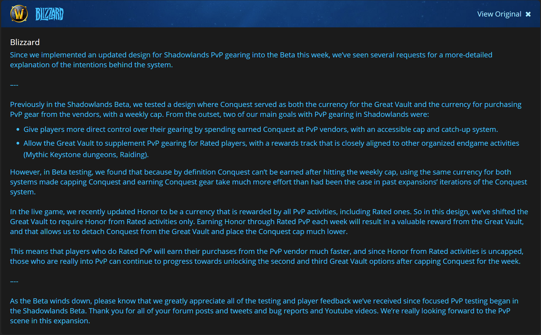 [暗影国度] [蓝帖] 暴雪谈暗影国度PvP奖励--为什么宏伟宝库需要评级PvP的荣誉点数？ NGA玩家社区