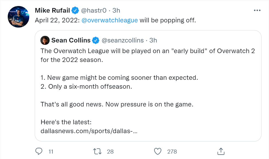 [搬运]《守望先锋联赛》2022赛季预计于明年4月开始，并在OW2早期版本上进行 NGA玩家社区