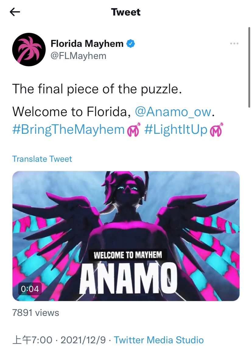 [新闻] 佛罗里达狂欢队官宣支援位选手Anamo加入队伍 178