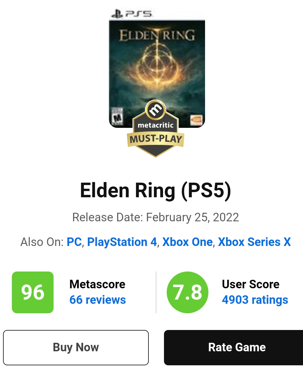 老头环MC媒体评分更新，PS5和PC平台双双降分 NGA玩家社区