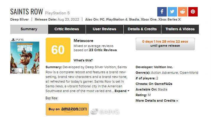 《黑道圣徒》媒体评分解禁，IGN 6分，Game Spot 6分，MC均分60，共收录23家媒体。 NGA玩家社区