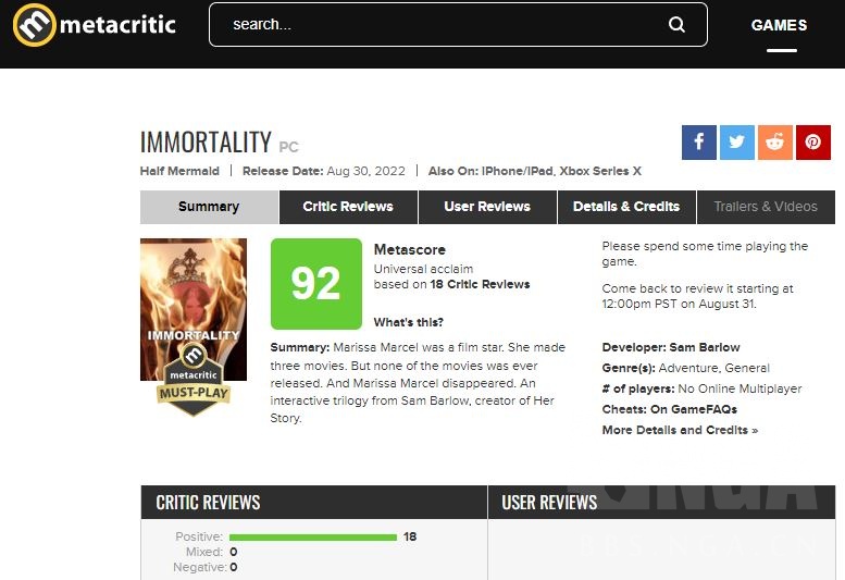 [业界新闻] 《IMMORTALITY》MC评分92，OC评分90，8月31号登录Xbox Series X/S, PC，首发XGP，支持繁体中文 178