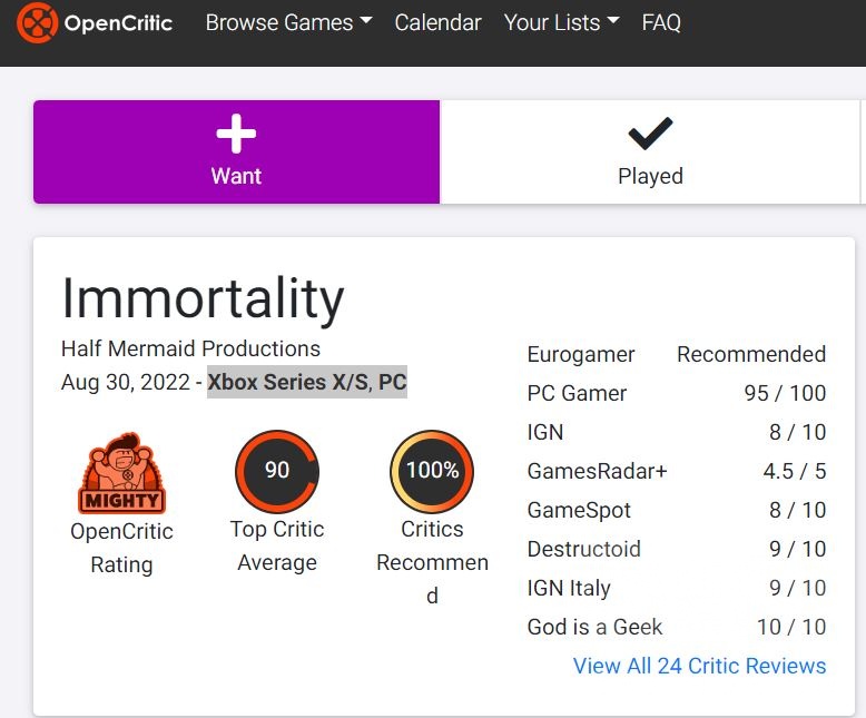[业界新闻] 《IMMORTALITY》MC评分92，OC评分90，8月31号登录Xbox Series X/S, PC，首发XGP，支持繁体中文 178