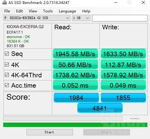 [自费乱测系列] 铠侠(Kioxia)1000GB EXCERIA G2 RC20系列 SSD固态硬盘 NGA玩家社区