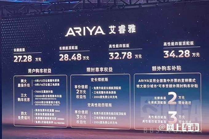 [新闻速报] 日产Ariya艾睿雅售27.28-34.28万！续航623km NGA玩家社区