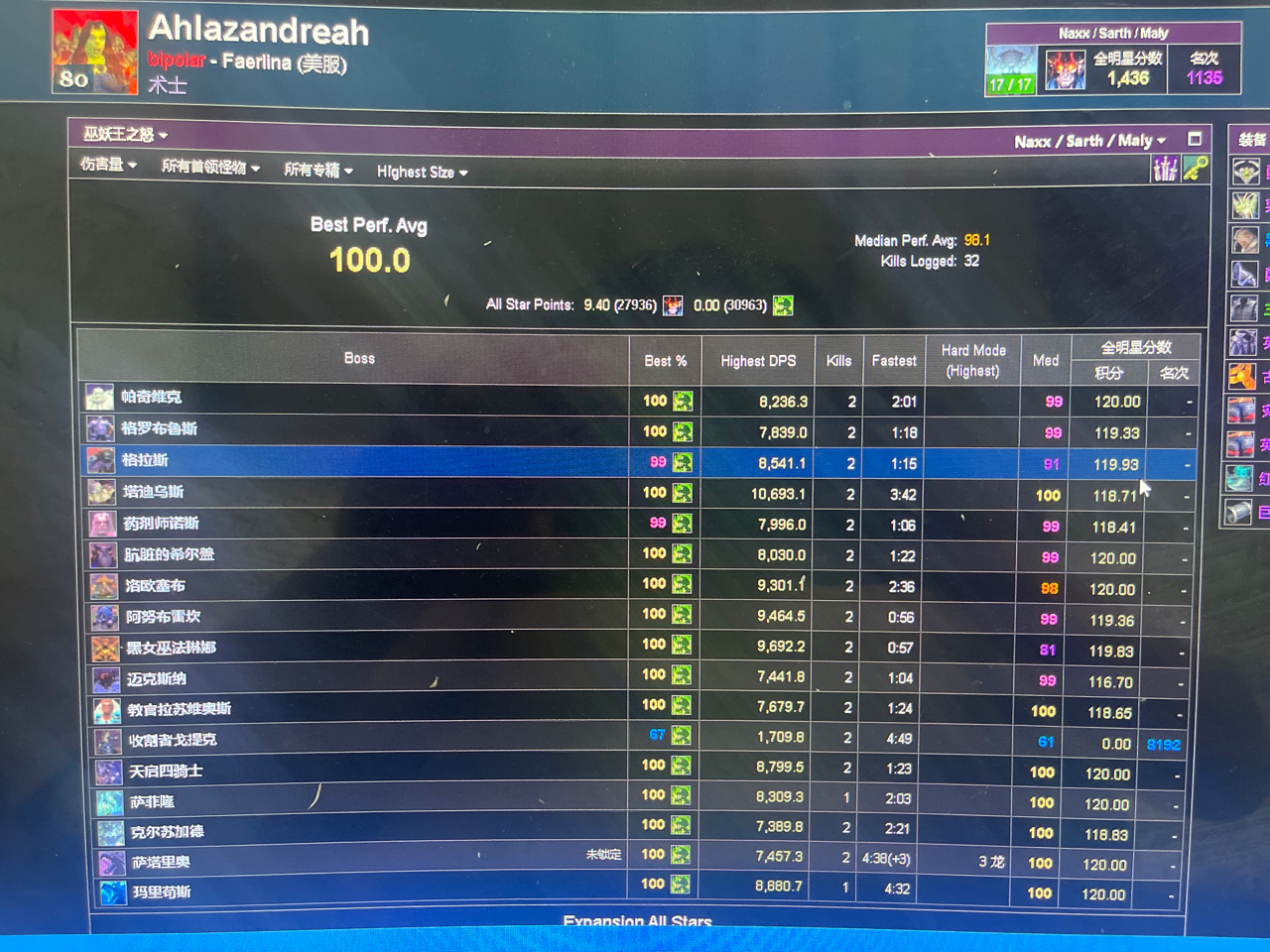 外服术士太猛了，14个boss 100分 178