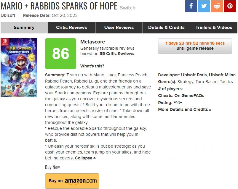 [业界新闻] [NS] 马里奥+疯兔：星耀之愿 媒体评分解禁：IGN 9分 mtc平均分：86 178