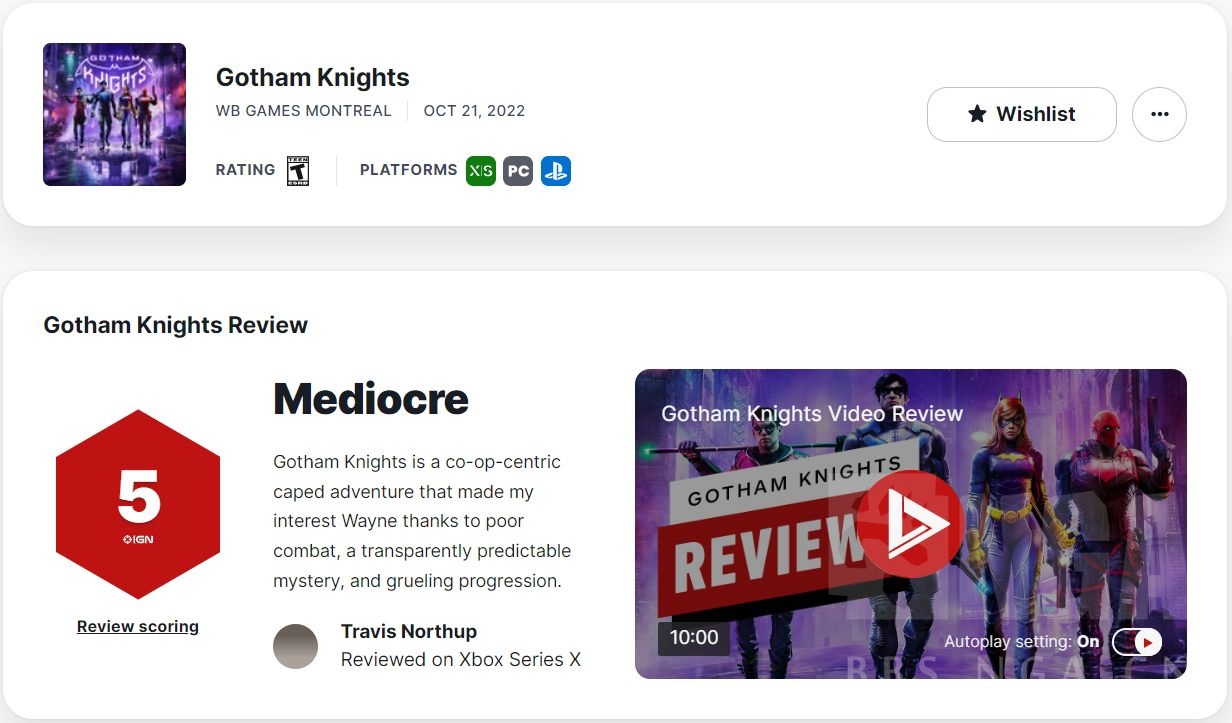 [业界新闻] 哥谭骑士 媒体评分解禁：IGN 5分 GS 4分 mtc平均分：69 NGA玩家社区