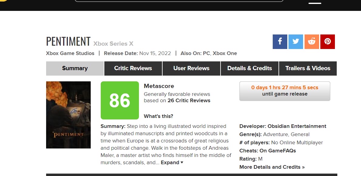 黑曜石新作PENTIMENT MC评分出炉，均分86分，IGN 10分 GS 6 NGA玩家社区