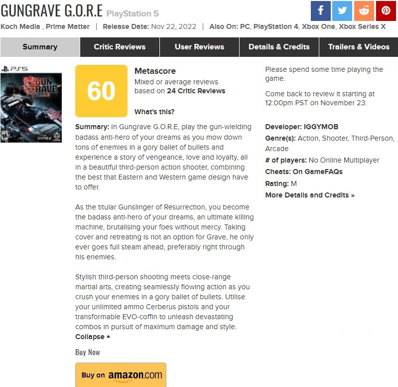 [业界新闻] 铳墓 G.O.R.E 媒体评分解禁：IGN 6分 mtc平均分：60 NGA玩家社区