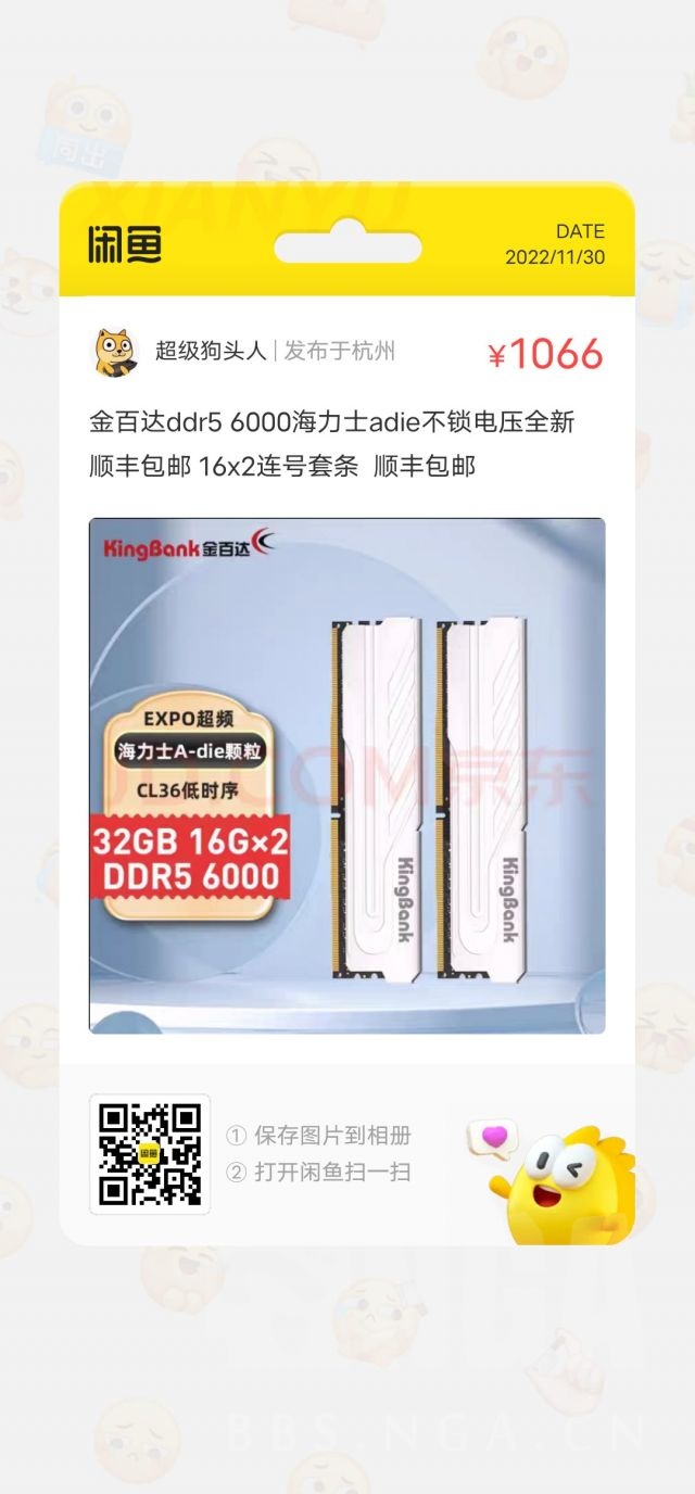 [电脑硬件] 海力士DDR5 ADIE不锁电压 金百达 DDR5 6000 一口价1066 应该全网最低了吧 NGA玩家社区