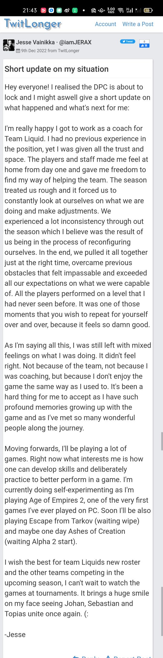 因对dota2不再感兴趣，Jerax不再执教Liquid，之后会玩AOE2、EFT NGA玩家社区