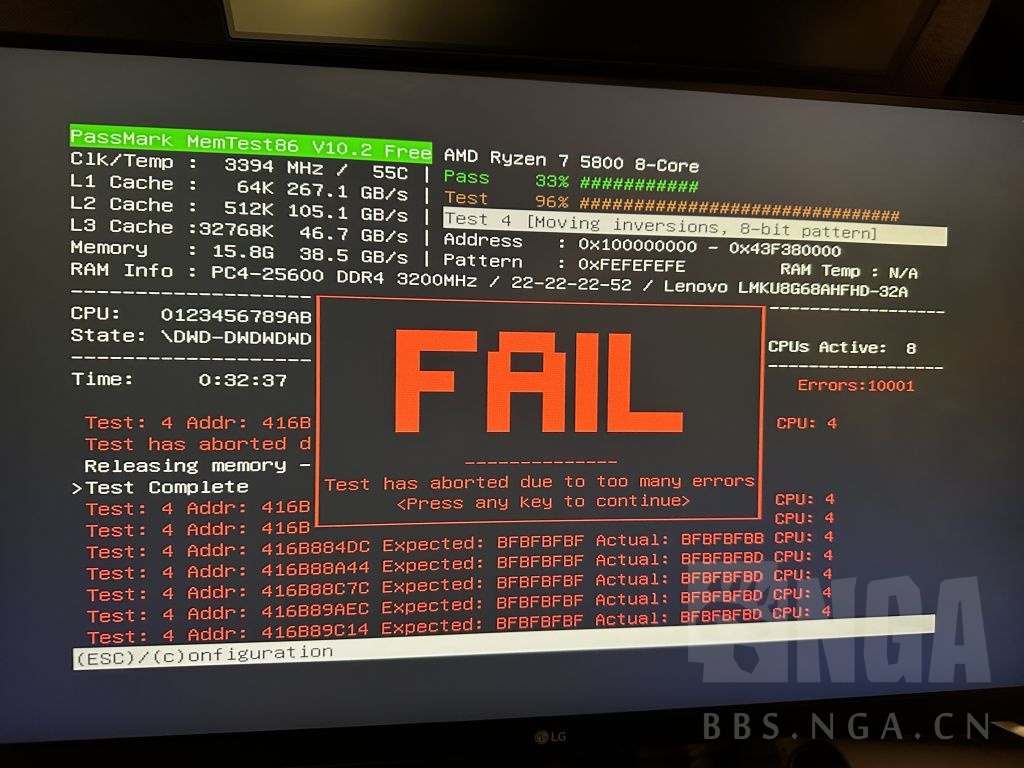 [硬件求助] 求助，Memtest86 测试 Failed，是内存坏了么？ NGA玩家社区