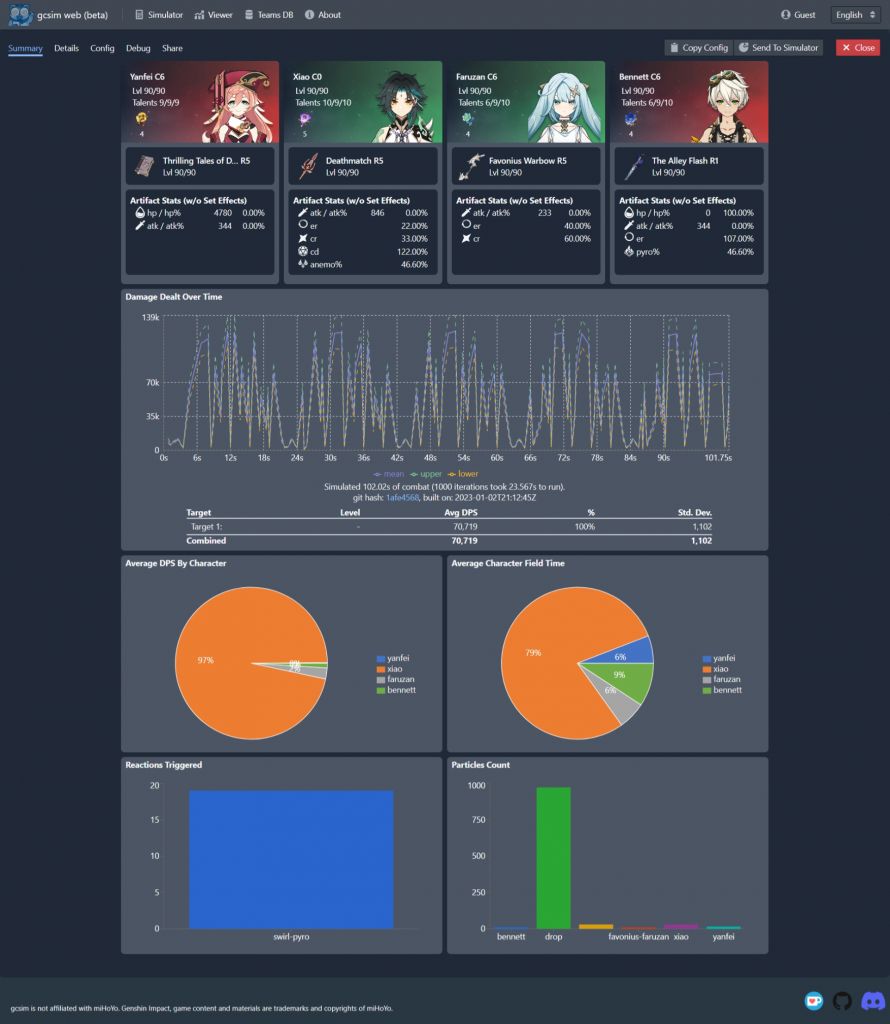 [数据讨论]单金魈珐班烟，DPS=70719，12起跳下落，Gcsim模拟 178