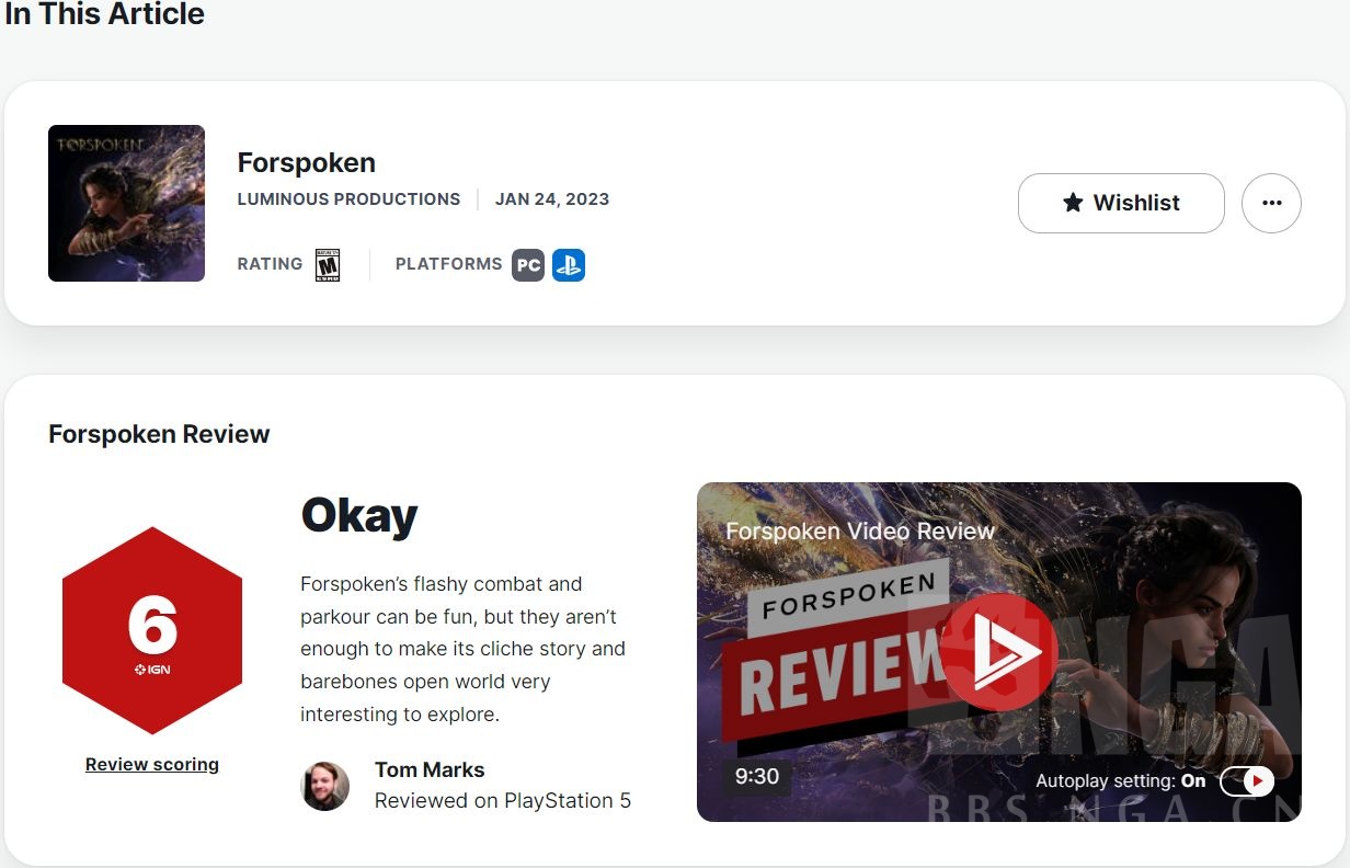 [业界新闻] 魔咒之地 (Forspoken) 媒体评分解禁：IGN 6分 GS 5分 mtc平均分：68 178