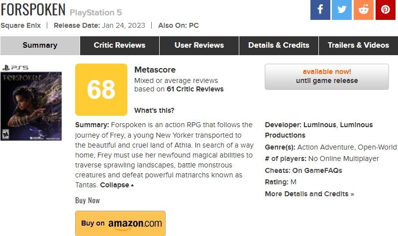 [业界新闻] 魔咒之地 (Forspoken) 媒体评分解禁：IGN 6分 GS 5分 mtc平均分：68 178