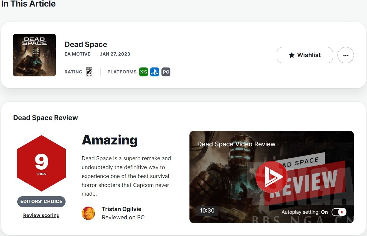 [业界新闻] 死亡空间 重制版 媒体评分解禁：IGN 9分 GS 9分 mtc平均分：89 178