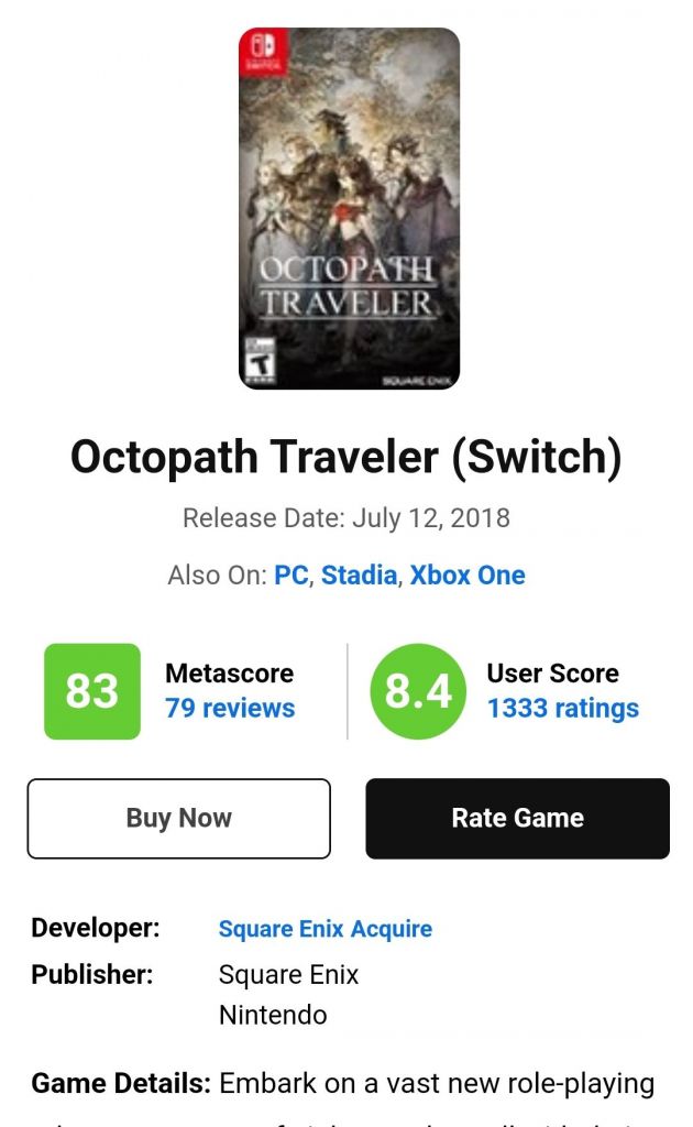 [业界新闻] 八方旅人II 媒体评分解禁：IGN 7分 mtc平均分: 84 NGA玩家社区