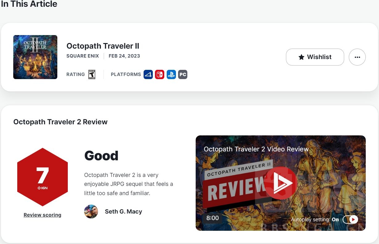 [业界新闻] 八方旅人II 媒体评分解禁：IGN 7分 mtc平均分: 84 NGA玩家社区