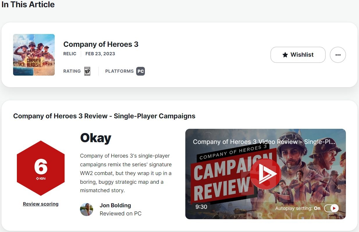 [业界新闻] [PC] [Steam] 英雄连3 媒体评分解禁：单人战役 IGN 6分 mtc平均分：84 178