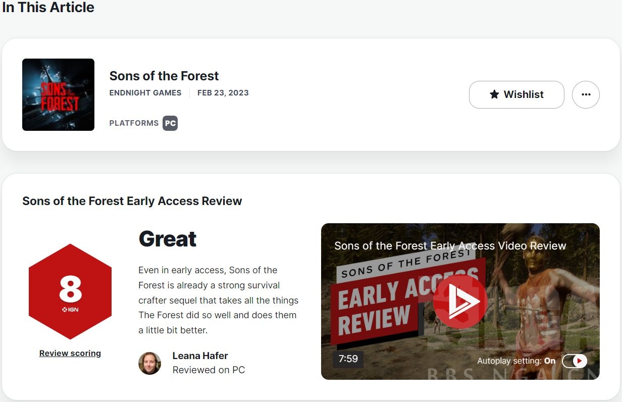 [业界新闻] [PC] [Steam] 森林之子 抢先体验版本 IGN 8分 178