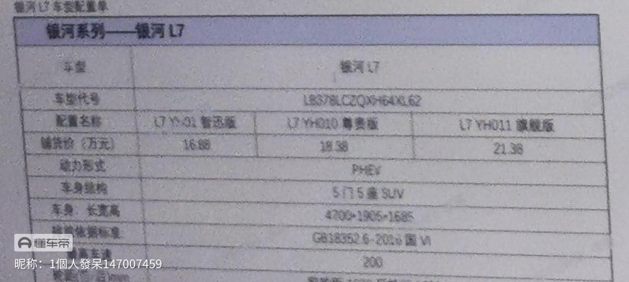 疑似银河L7预售价曝光 NGA玩家社区