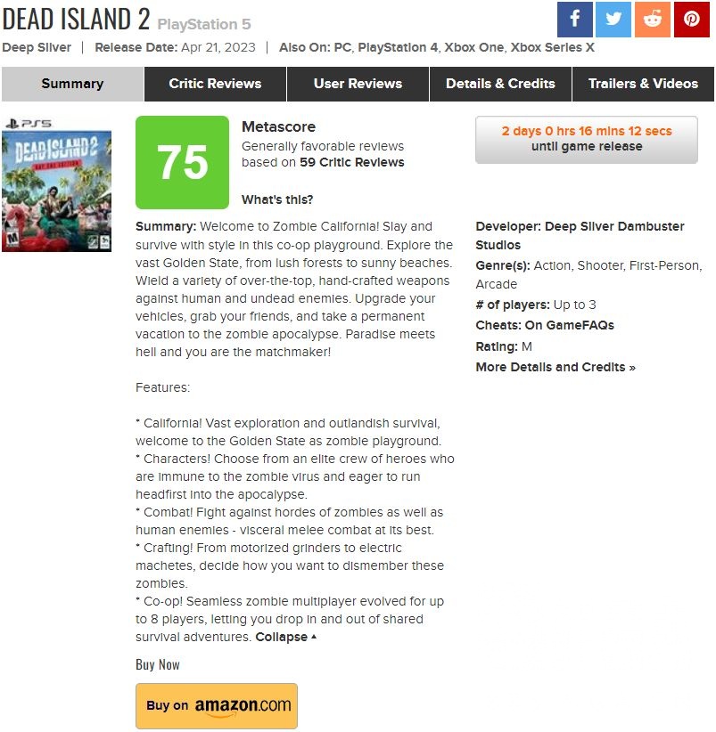 [业界新闻] 死亡岛2 媒体评分汇总：IGN 7分 GS 7分 mtc平均分：75 NGA玩家社区