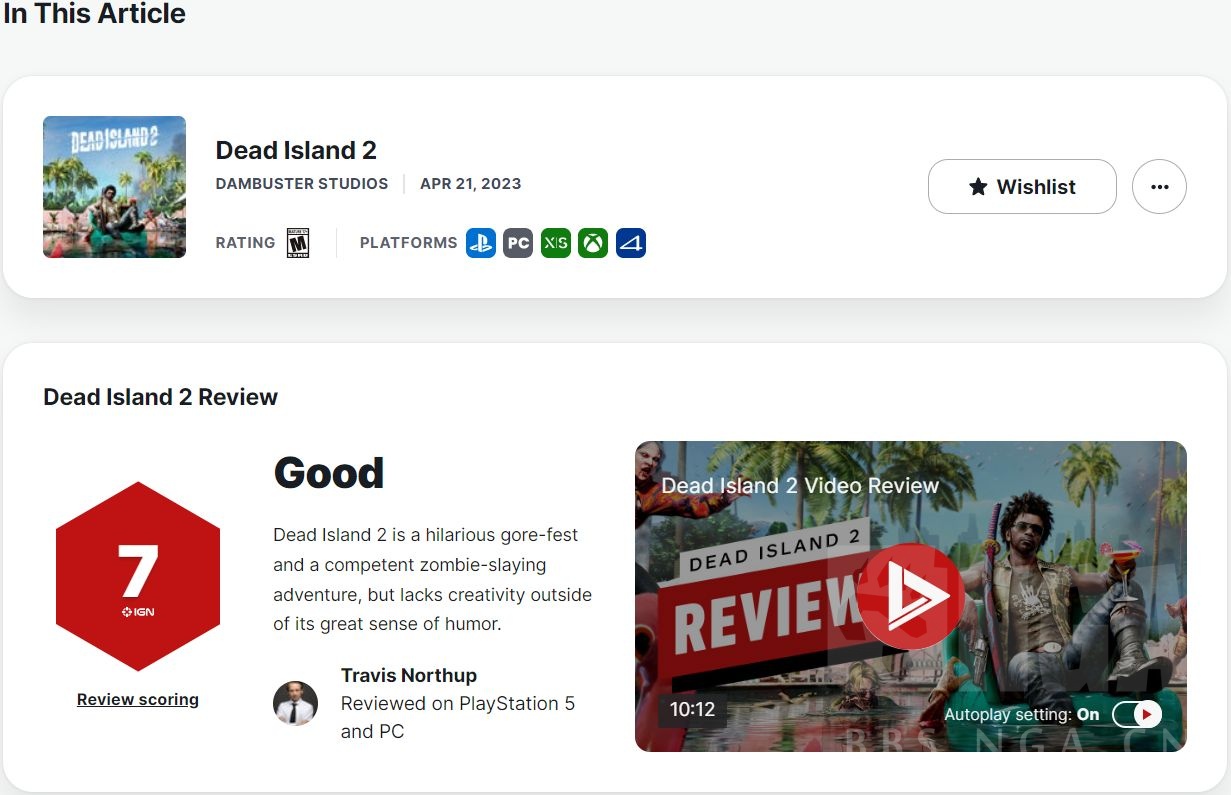 [业界新闻] 死亡岛2 媒体评分汇总：IGN 7分 GS 7分 mtc平均分：75 NGA玩家社区