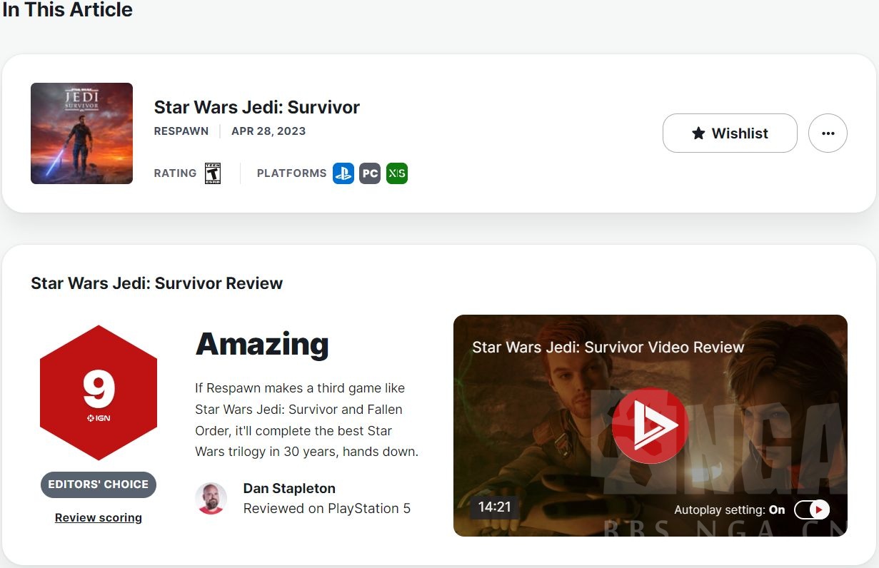 [业界新闻] 星球大战之绝地武士：幸存者 媒体评分解禁：IGN 9分 GS 8分 mtc平均分：86 178