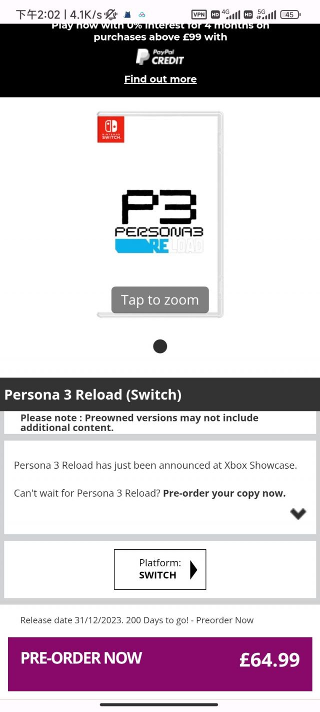 英国零售商GAME开放NS版P3 reload预购 NGA玩家社区