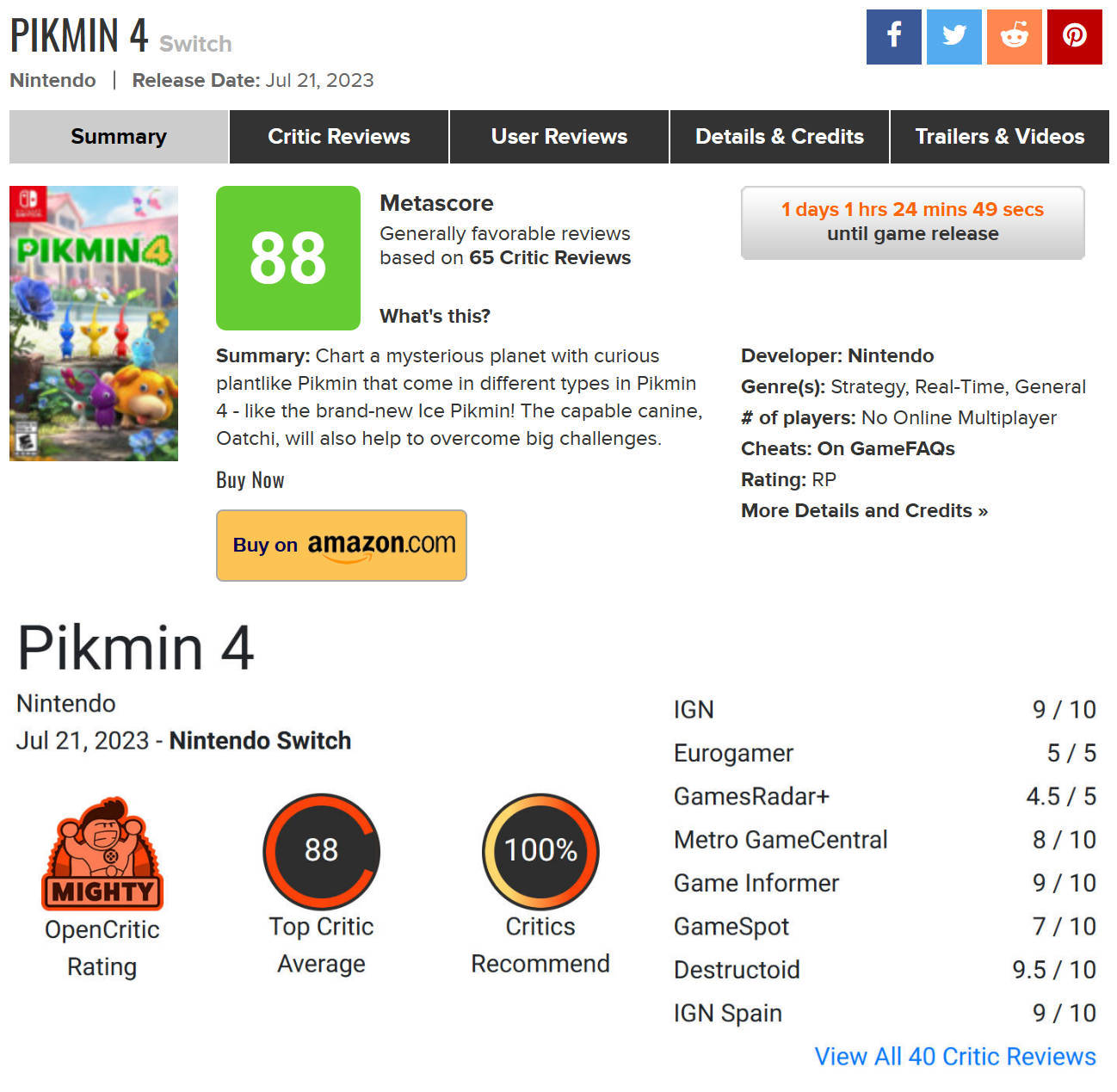 《皮克敏4》MC88分，OC88分：IGN:9，GS:7，Eurogamer:5，Game Informer:9 NGA玩家社区