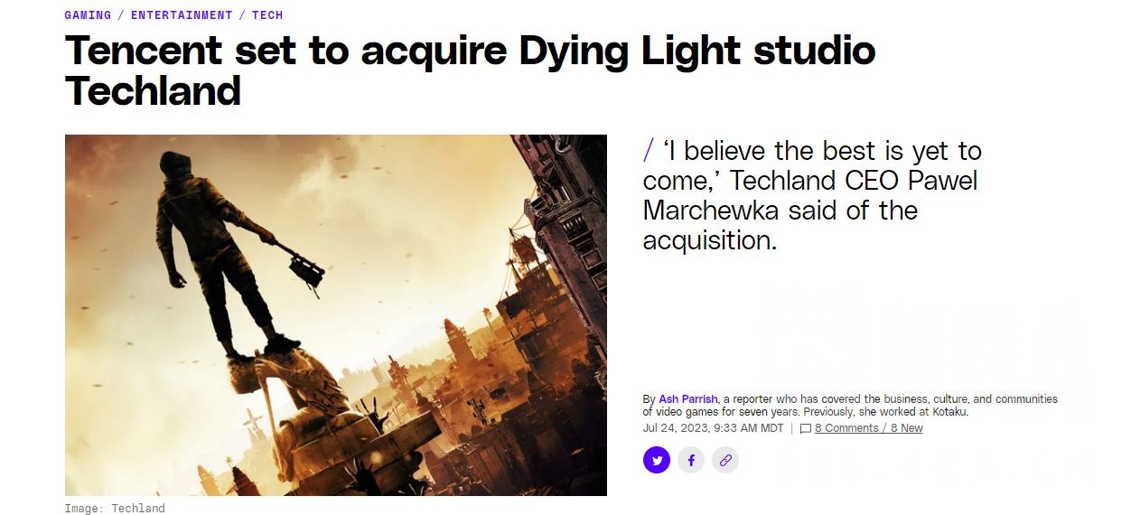 [厂商] 腾讯收购《消逝的光芒》和《死亡岛》制作室techland，新手游已在策划中。 178