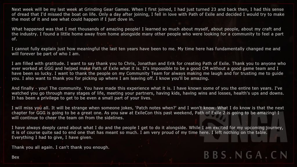 [国际服] 社区经理BEX下周将离开GGG NGA玩家社区