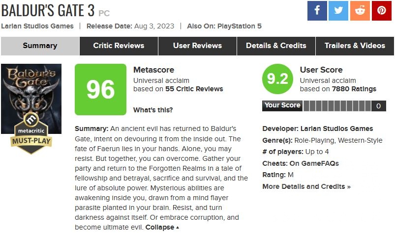 [业界新闻] 博德之门III 媒体评分汇总：IGN 10分 mtc平均分：96 NGA玩家社区