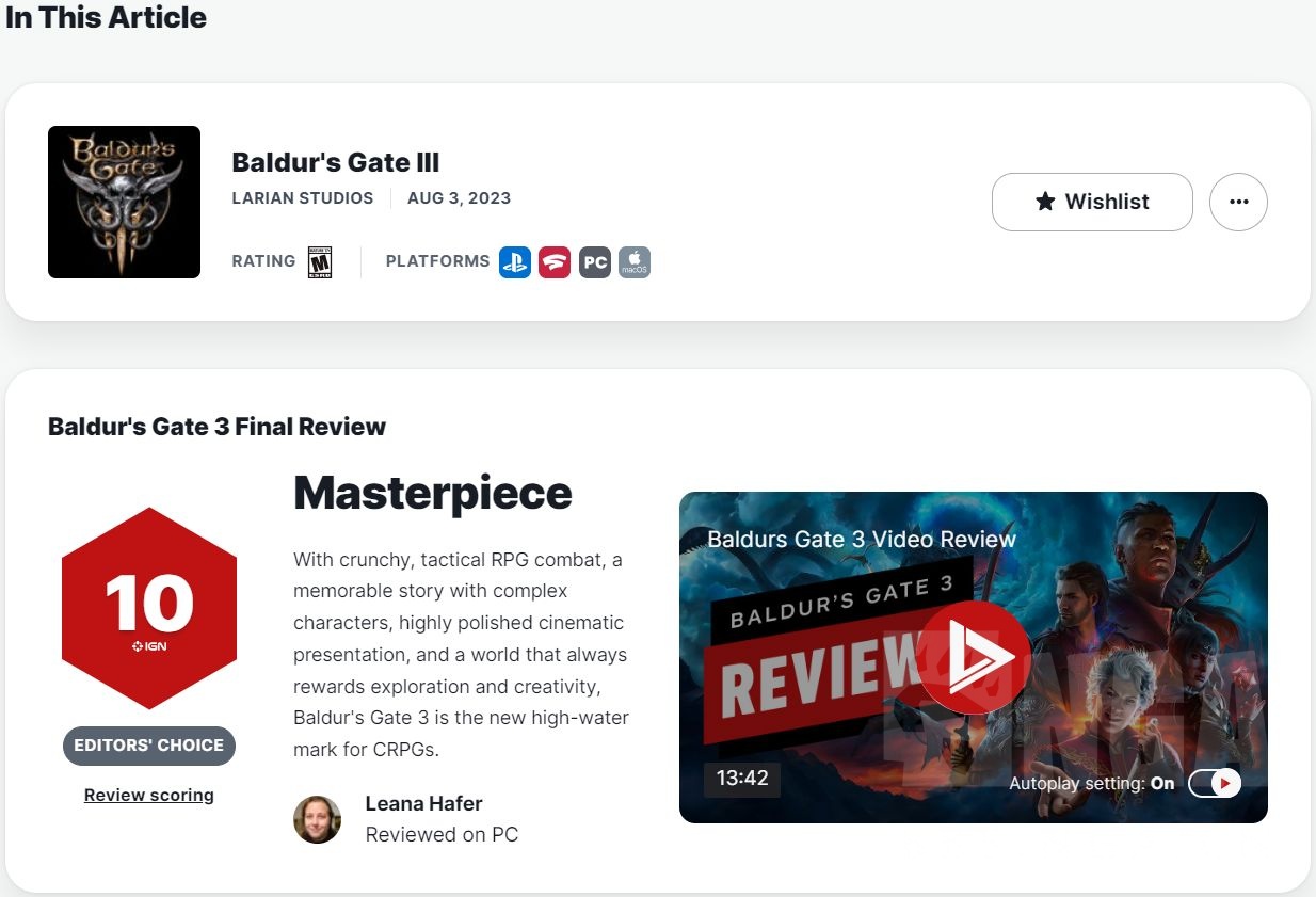 [业界新闻] 博德之门III 媒体评分汇总：IGN 10分 mtc平均分：96 NGA玩家社区