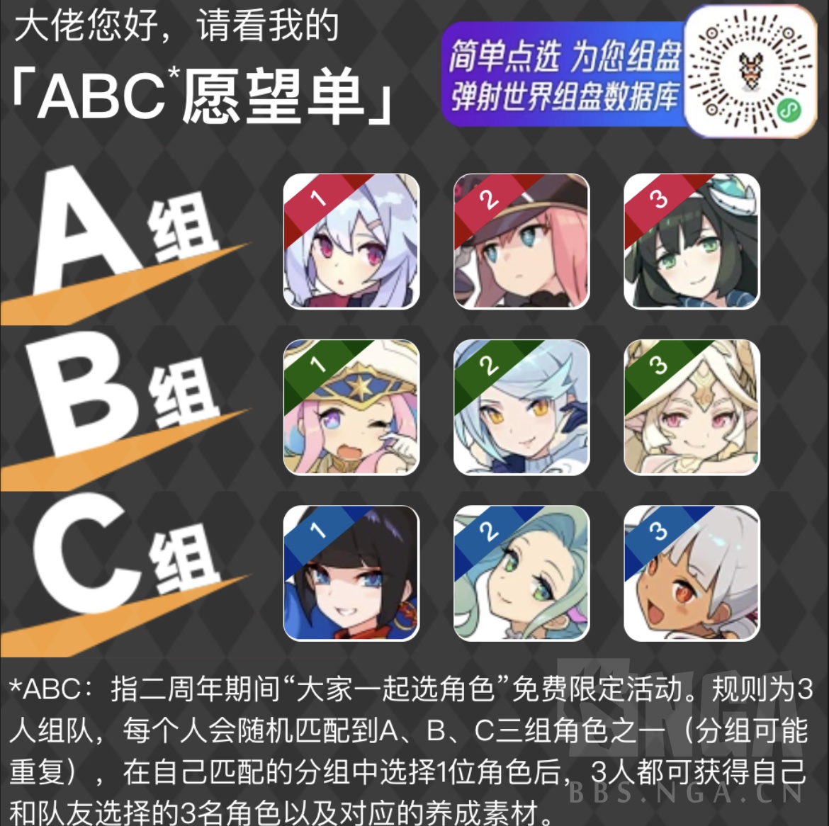 [ABC自选] A：风兔兔 B：圣女 C：龙拳/灯奶 AB刚需 求组 NGA玩家社区