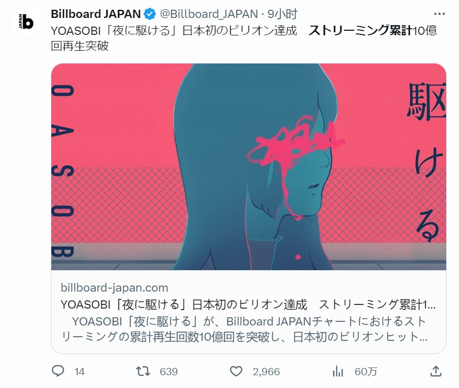 YOASOBI 的夜に駆ける达成日本B榜史上首个10亿播放 NGA玩家社区