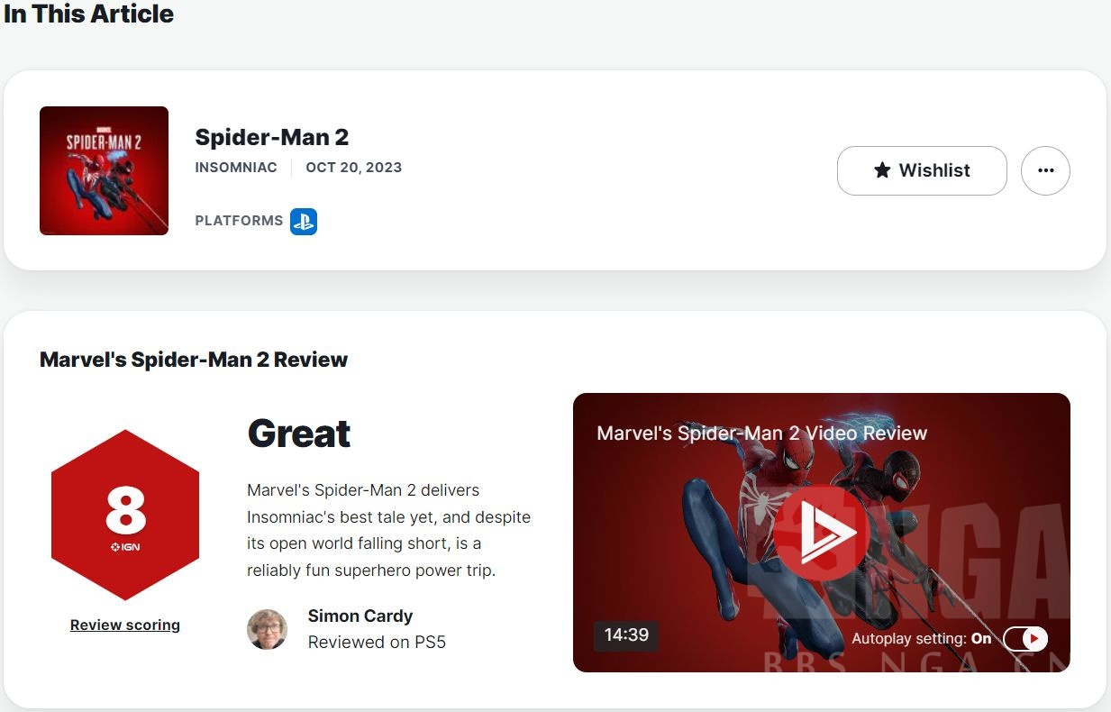 [业界新闻] 蜘蛛侠2 媒体评分解禁：IGN 8分 GS 8分 mtc平均分：91 NGA玩家社区