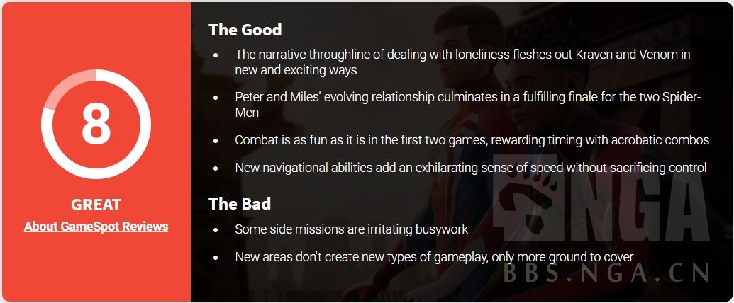 [业界新闻] 蜘蛛侠2 媒体评分解禁：IGN 8分 GS 8分 mtc平均分：91 NGA玩家社区