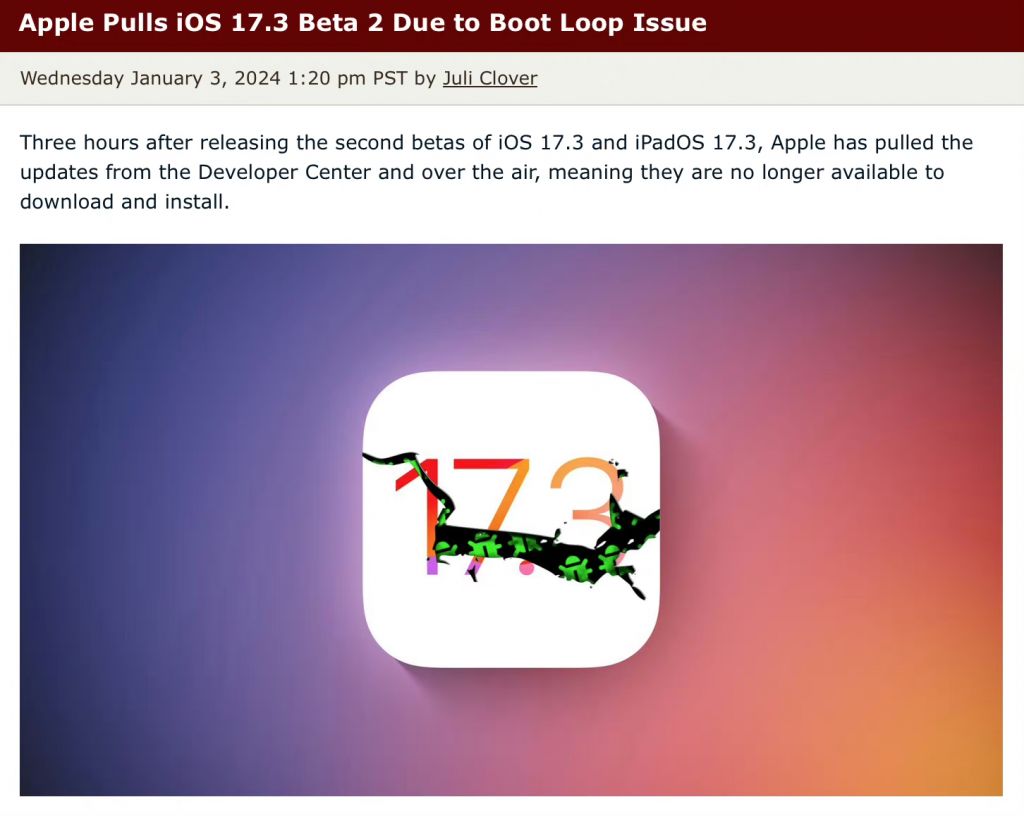 苹果已撤回iOS 17.3 Beta2补丁 178