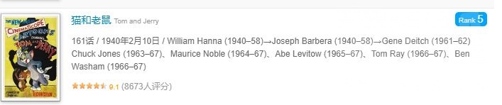 猫和老鼠在bangumi上的评分排名好高呀 178