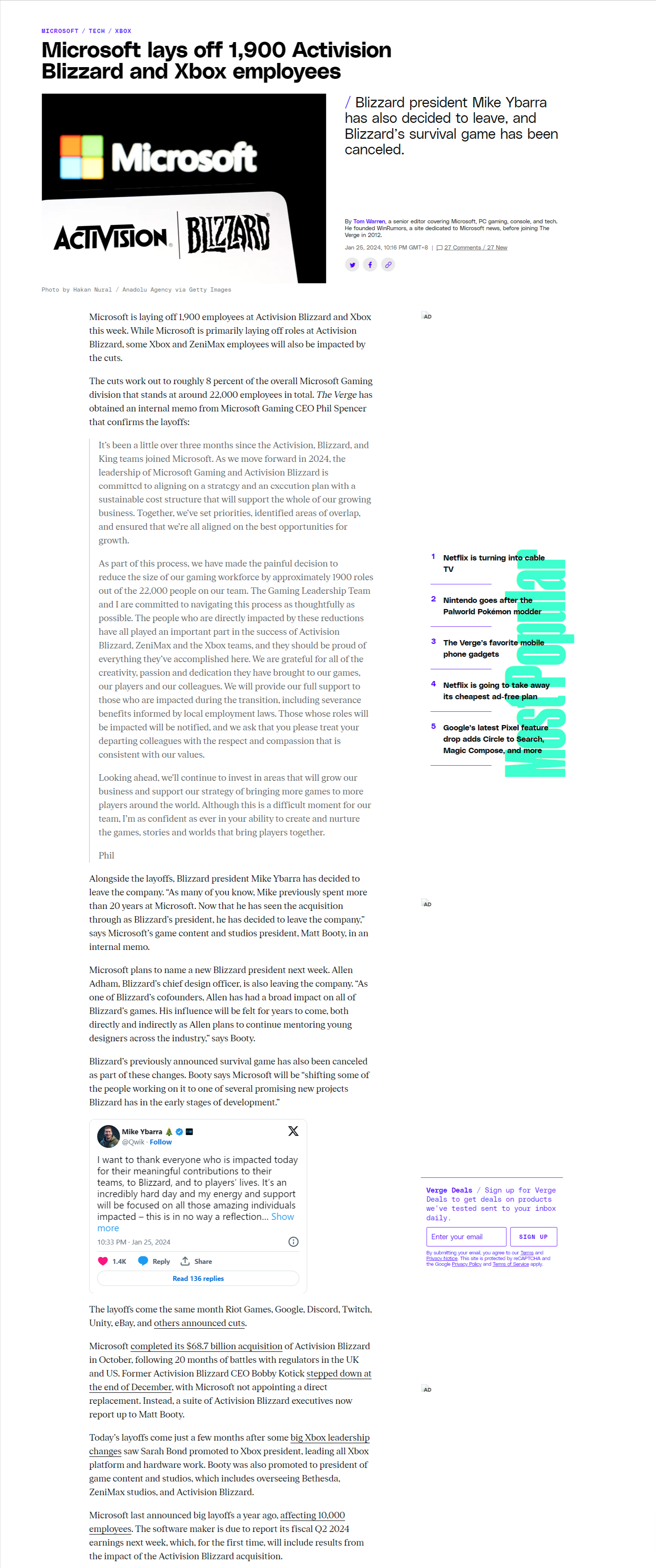 [新闻] 微软宣布解雇 1900 名动视暴雪和 Xbox 员工，暴雪现任总裁Mike Ybarra、联合创始人Allen Adham离职，生存 ...