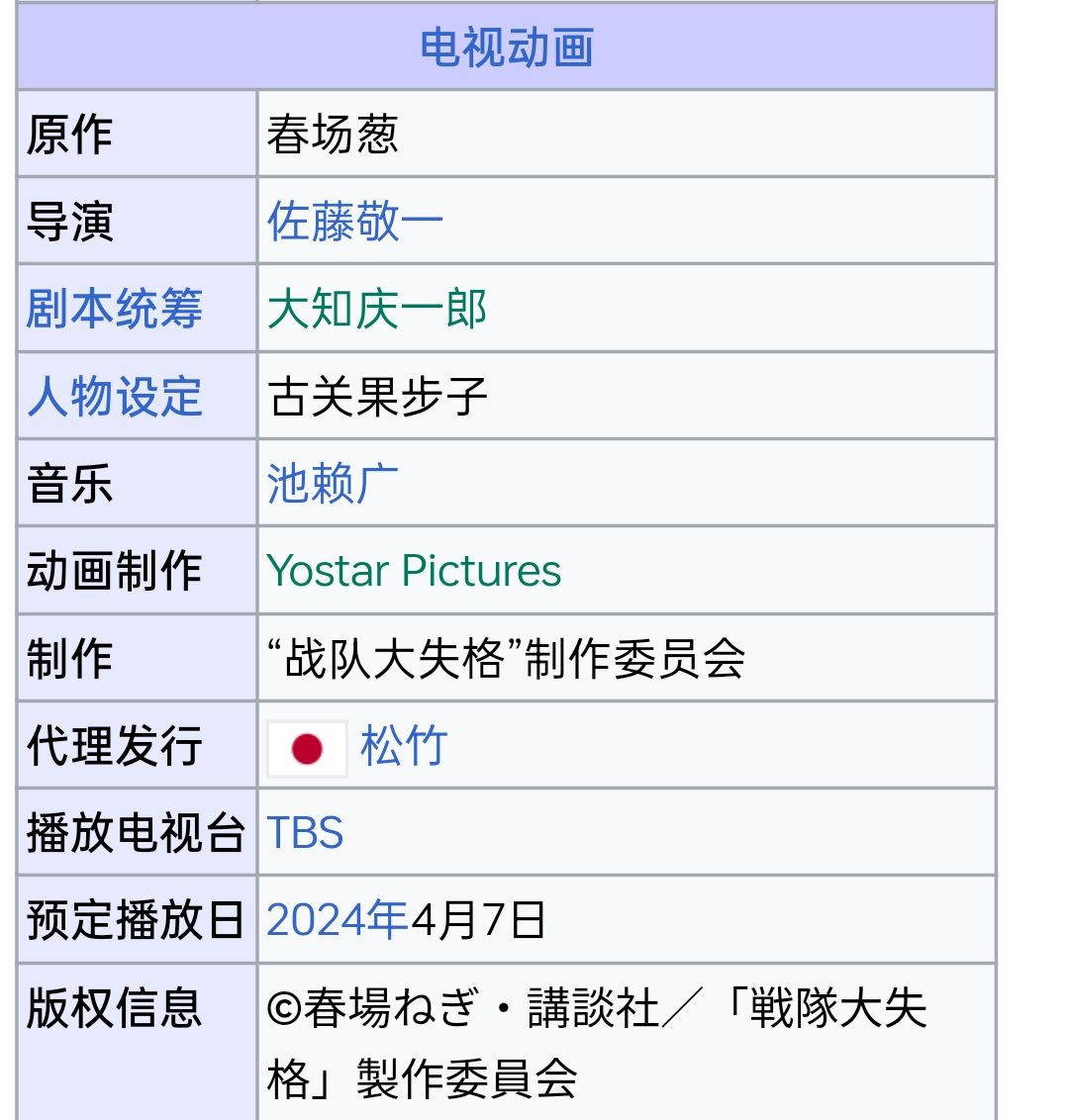 春场葱原作漫改动画《战队大失格》，佐藤敬一导演，Yostar Pictures担任动画制作，2024年4月7日上映 NGA玩家社区