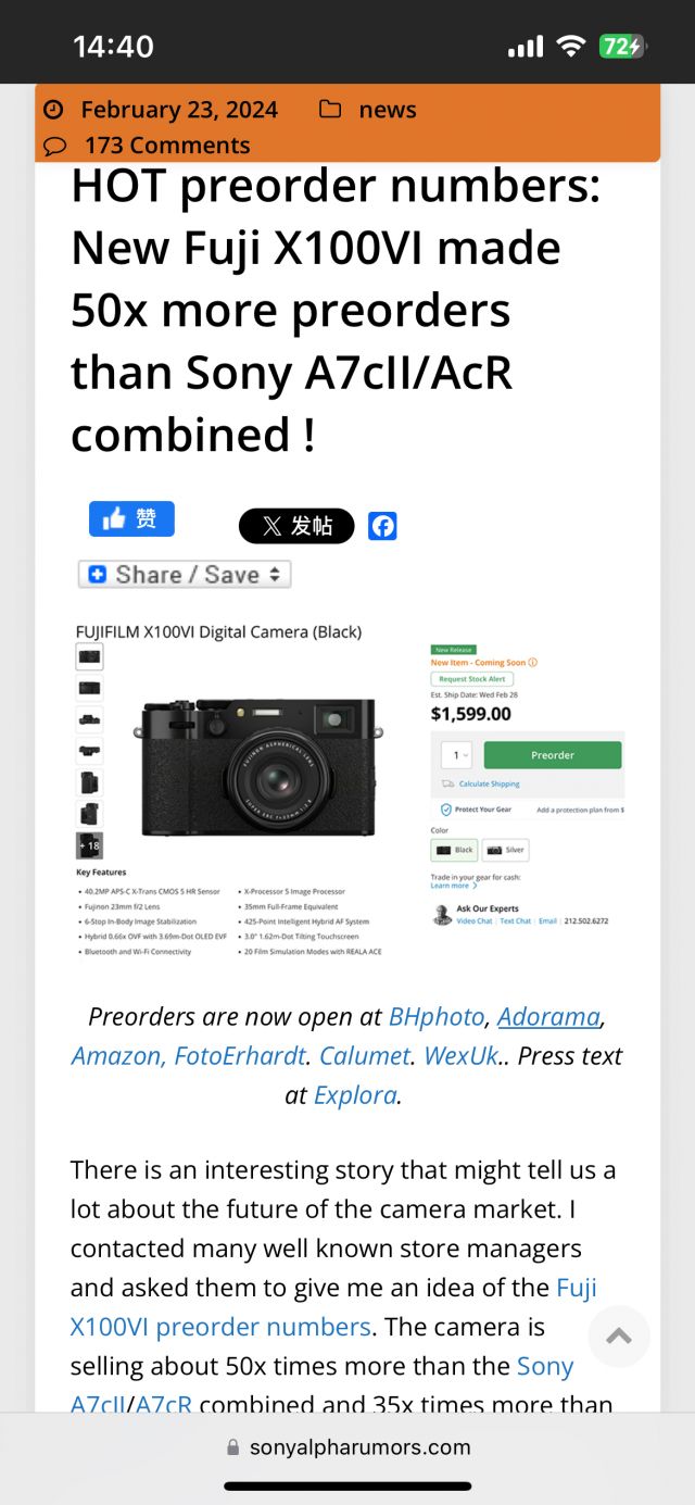 [新闻]报！富士x100vi的预定量已经达到了a7c2和a7cr加起来的50倍 NGA玩家社区