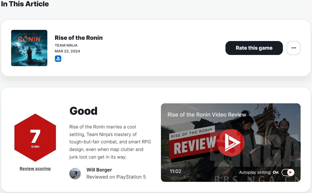 [业界新闻] 浪人崛起 媒体评分解禁：IGN 7分 GS 7分 mtc平均分：76 NGA玩家社区