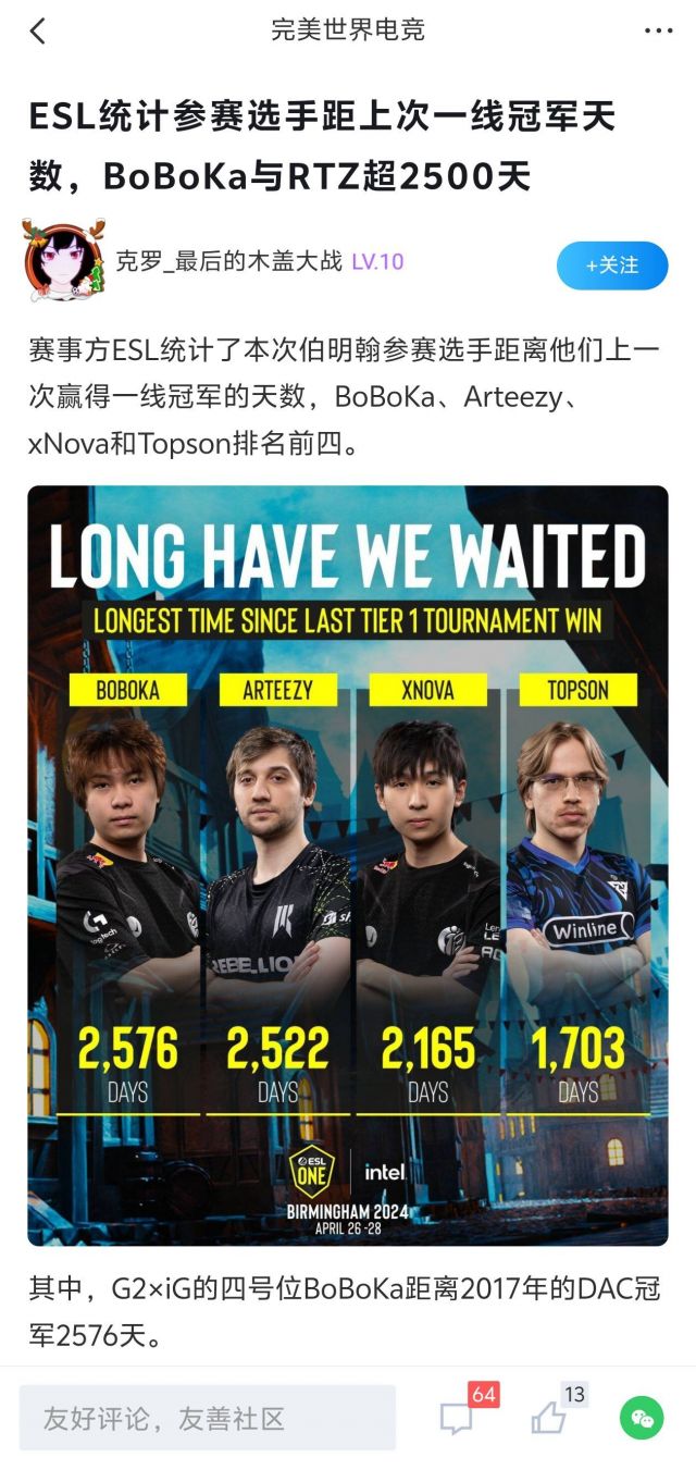 ESL统计参赛选手距上次冠军有多少天了 NGA玩家社区