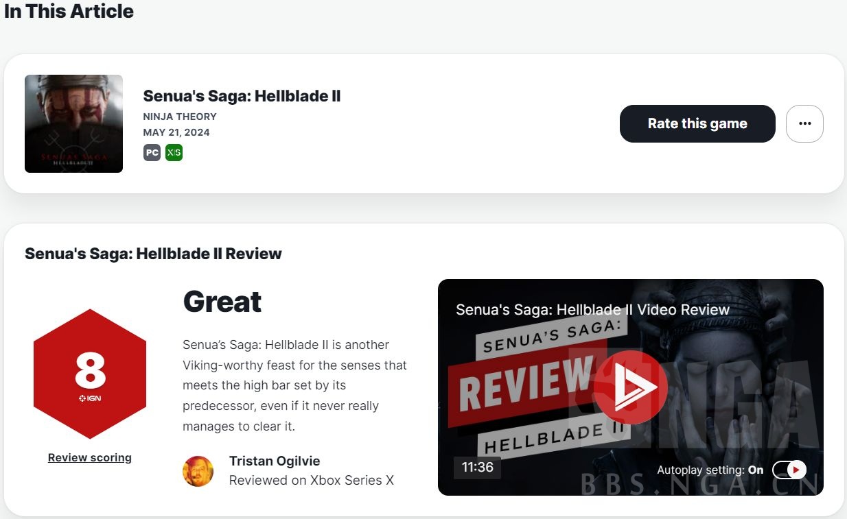 [业界新闻] 地狱之刃II：塞娜传奇 媒体评分解禁：IGN 8分 GS 6分 mtc平均分：81 NGA玩家社区