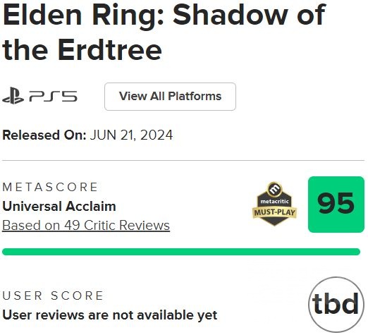 [业界新闻] 艾尔登法环 DLC：黄金树之影 媒体评分解禁：IGN GS 双10分 mtc平均分：95 178